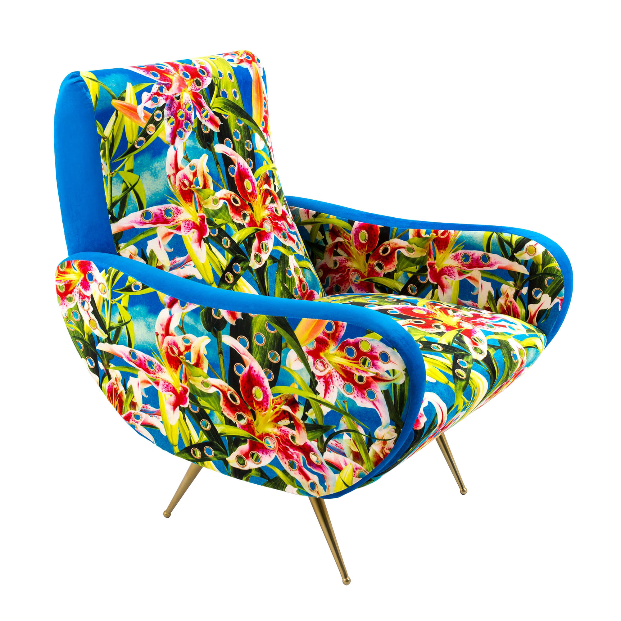 Gepolsterter Sessel Toiletpaper Fleurs trouees Maurizio Cattelan von Seletti bunt gold turkis Made In Design
